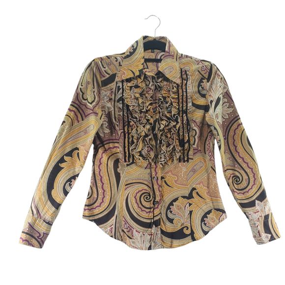 Etro | Tops | 4 Etro Milano Womens Tuxedo Ruffle Blouse Button Down Shirt Paisley Italy | Poshmark